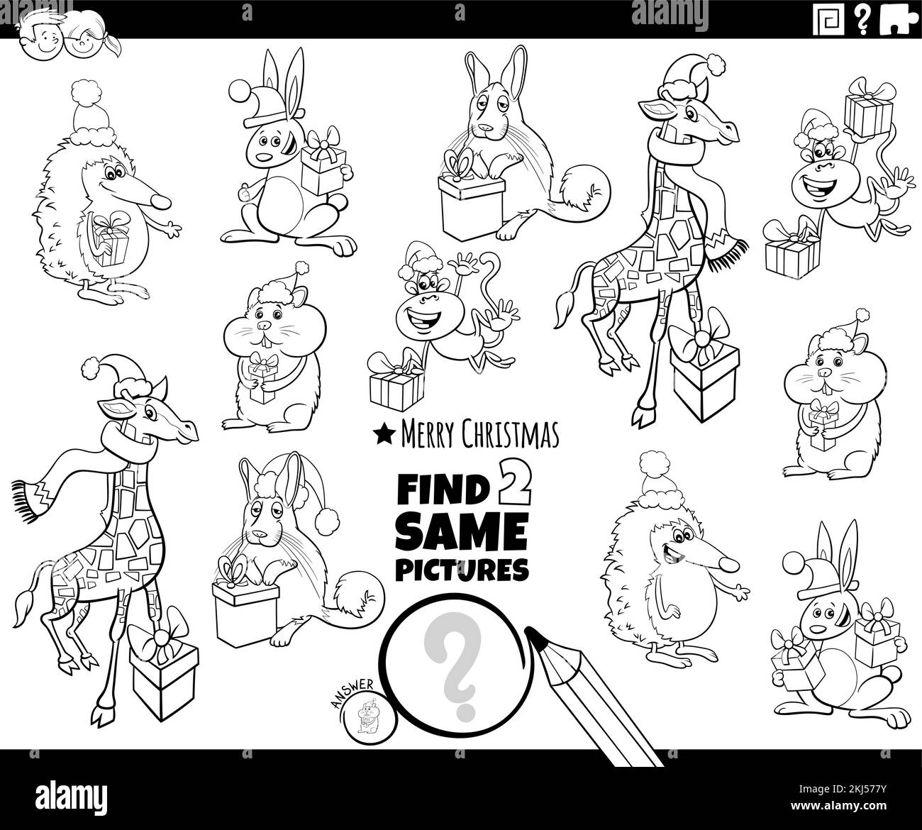 Black and white cartoon illustration of finding two same pictures ...