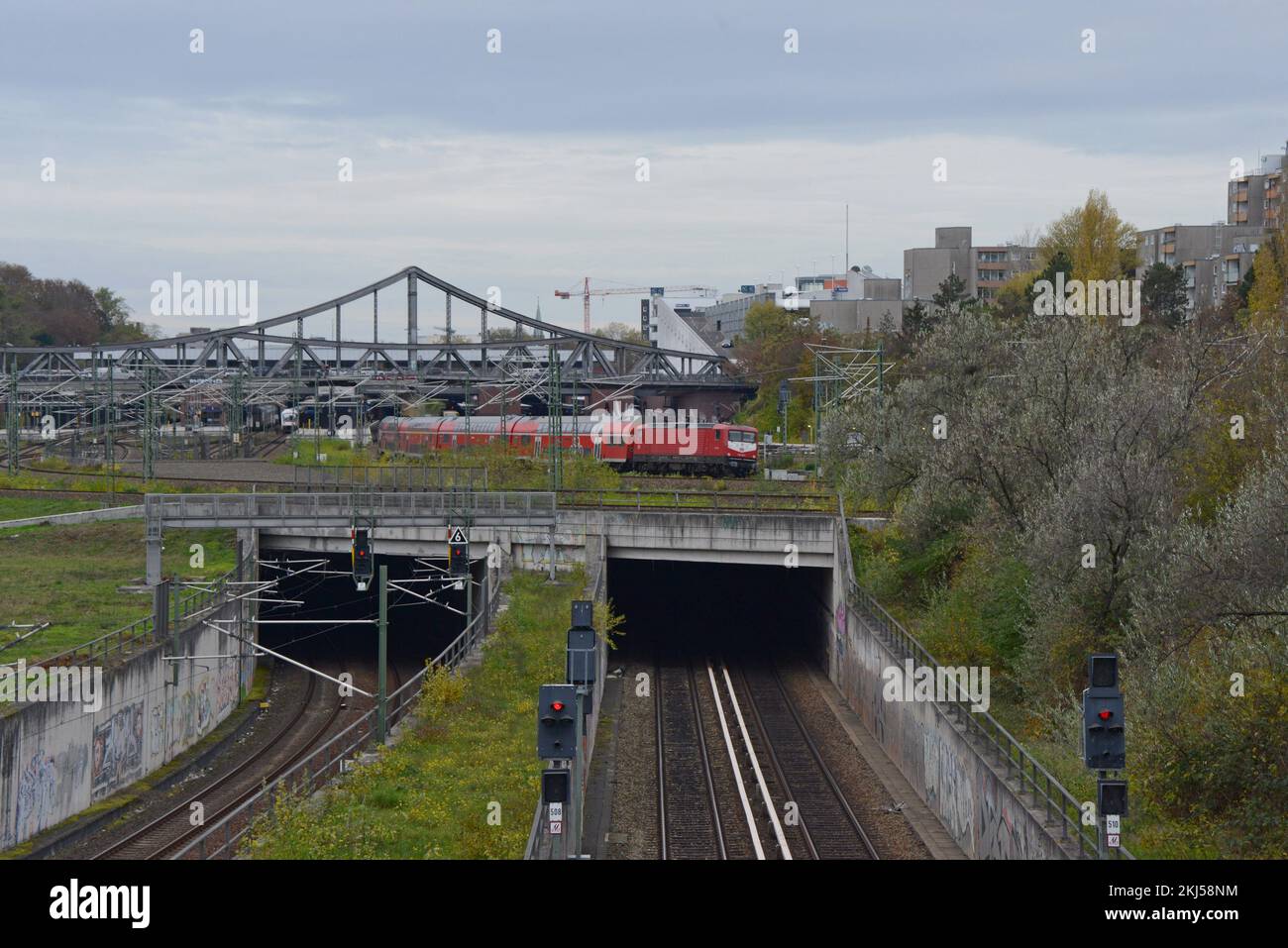 A D Bahn class 147 loco & RER train passes through central Berlin ...