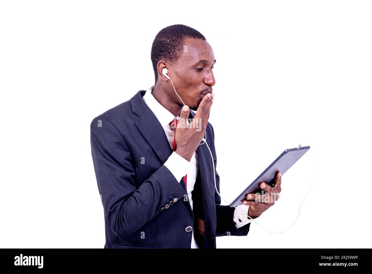 a businessman standing on a white background communicating using a ...