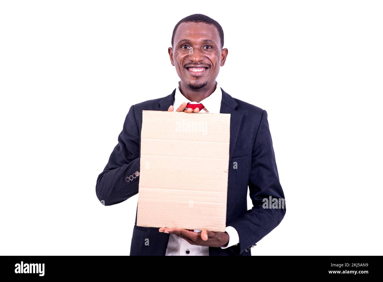 a businessman standing on white background presenting an empty paper ...