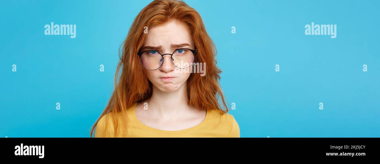 Headshot Portrait of happy ginger red hair girl with freckles smiling ...