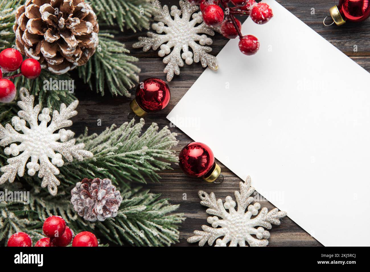 Christmas background with fir tree and decor on old wooden background ...
