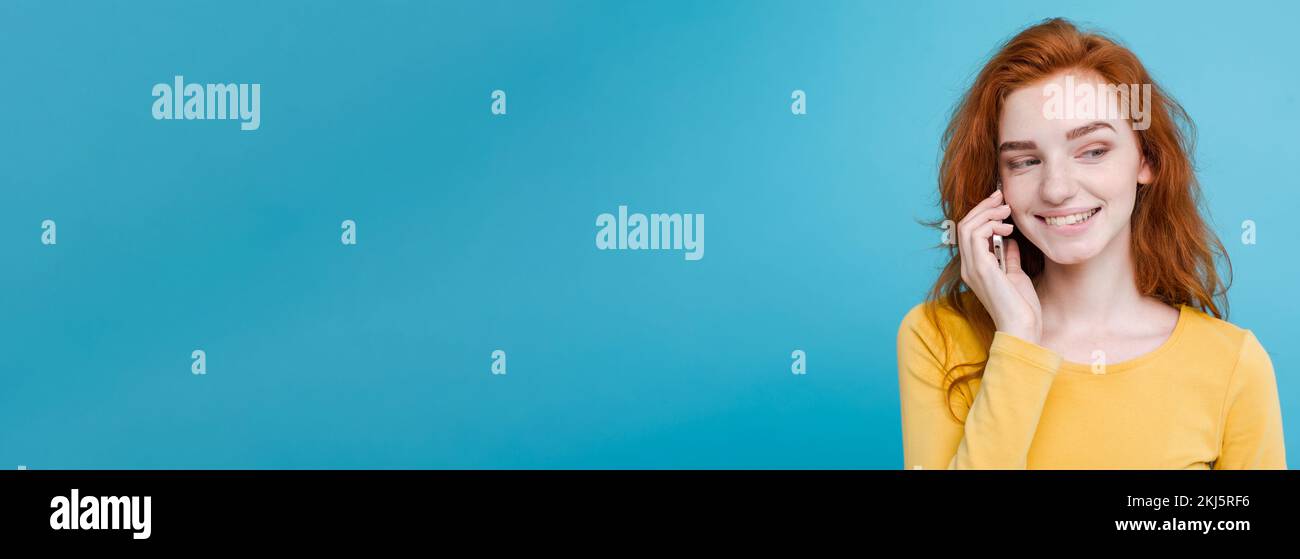 Lifestyle and Technology concept - Portrait of cheerful happy ginger ...