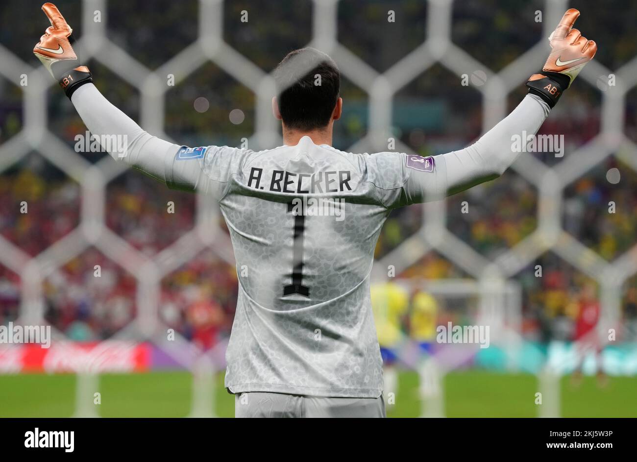 Brazil goalkeeper Alisson points to the sky before the FIFA World Cup ...