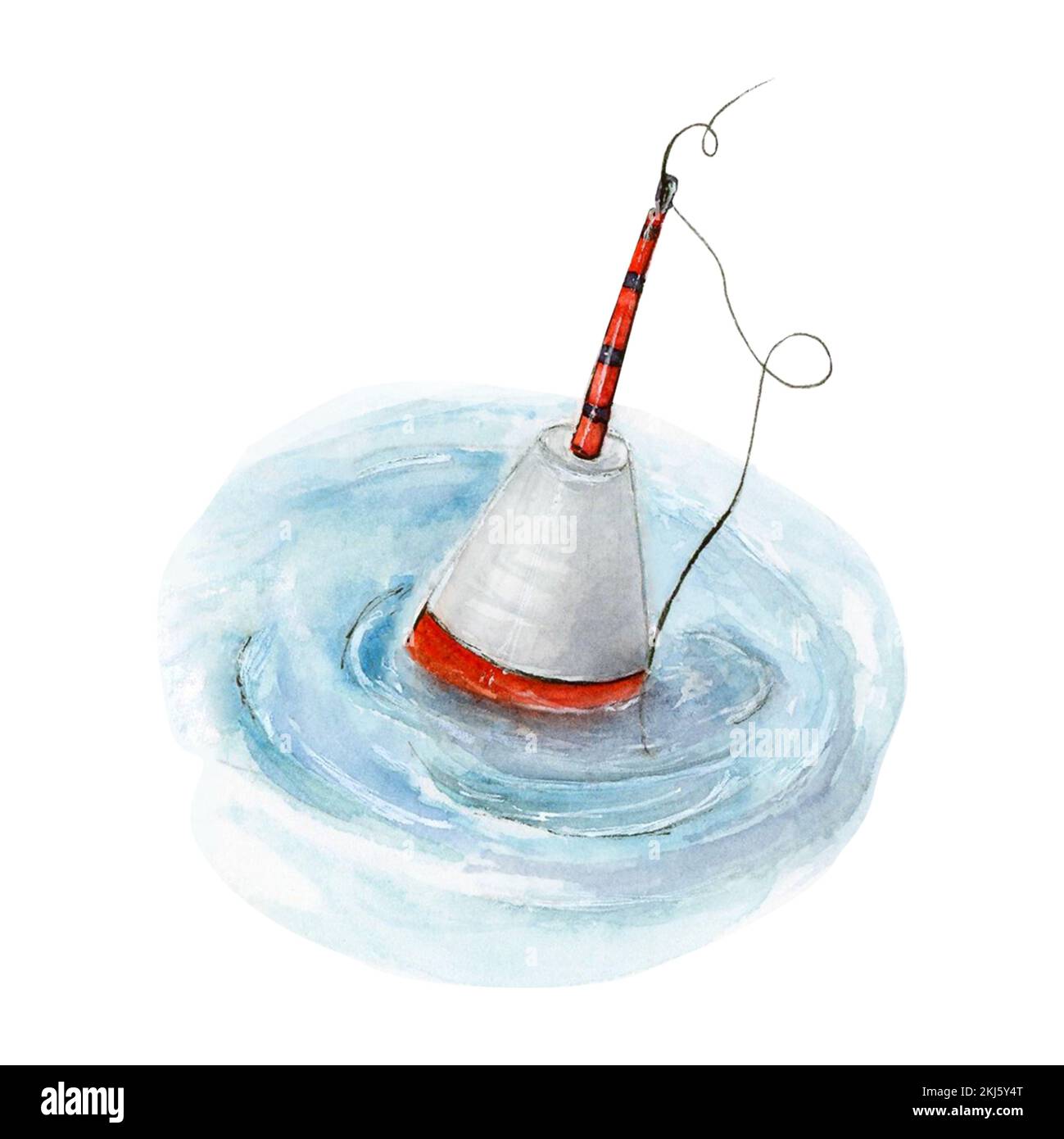 Fishing hook and bobber splash. Watercolor drawing of a fish hook under ...