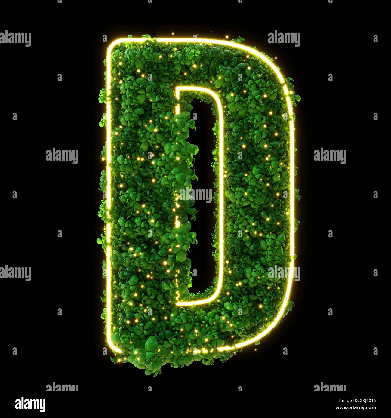 3d alphabet letter D. Green plant, glowing neon leaves, grass, moss ...
