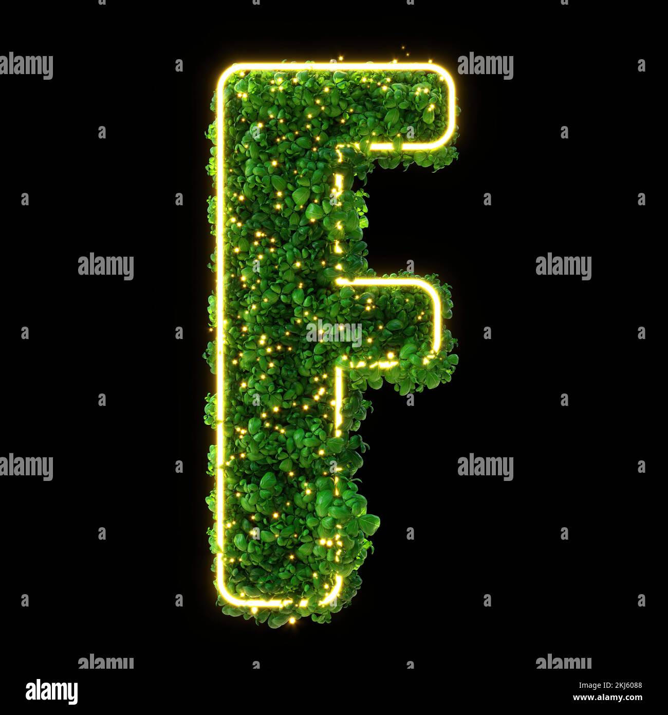 3d alphabet letter F. Green plant, glowing neon leaves, grass, moss ...