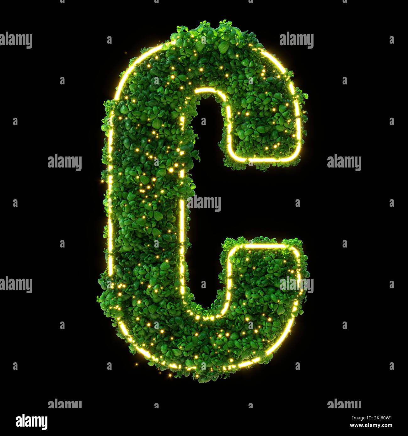 3d alphabet letter C. Green plant, glowing neon leaves, grass, moss ...