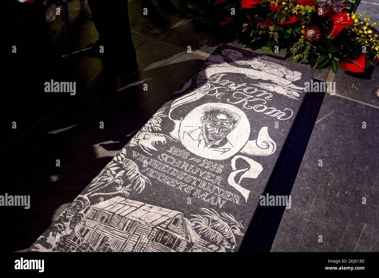 AMSTERDAM - The memorial stone for Anton de Kom in De Nieuwe Kerk on the eve of the Independence ...