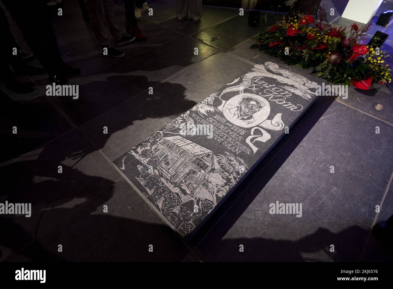 AMSTERDAM - The memorial stone for Anton de Kom in De Nieuwe Kerk on the eve of the Independence ...