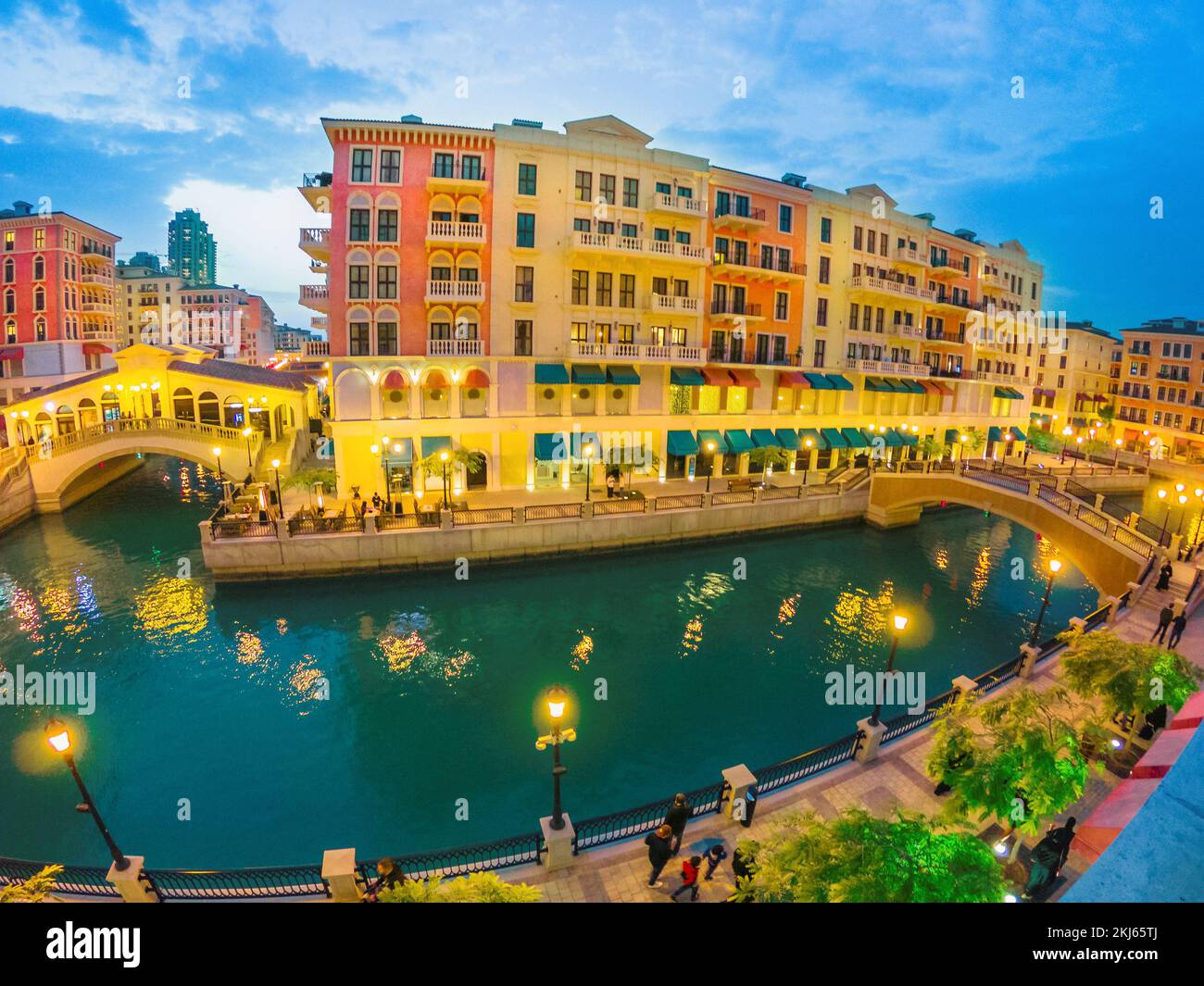 Wide angle view of two Venetian bridges on canals of picturesque and ...