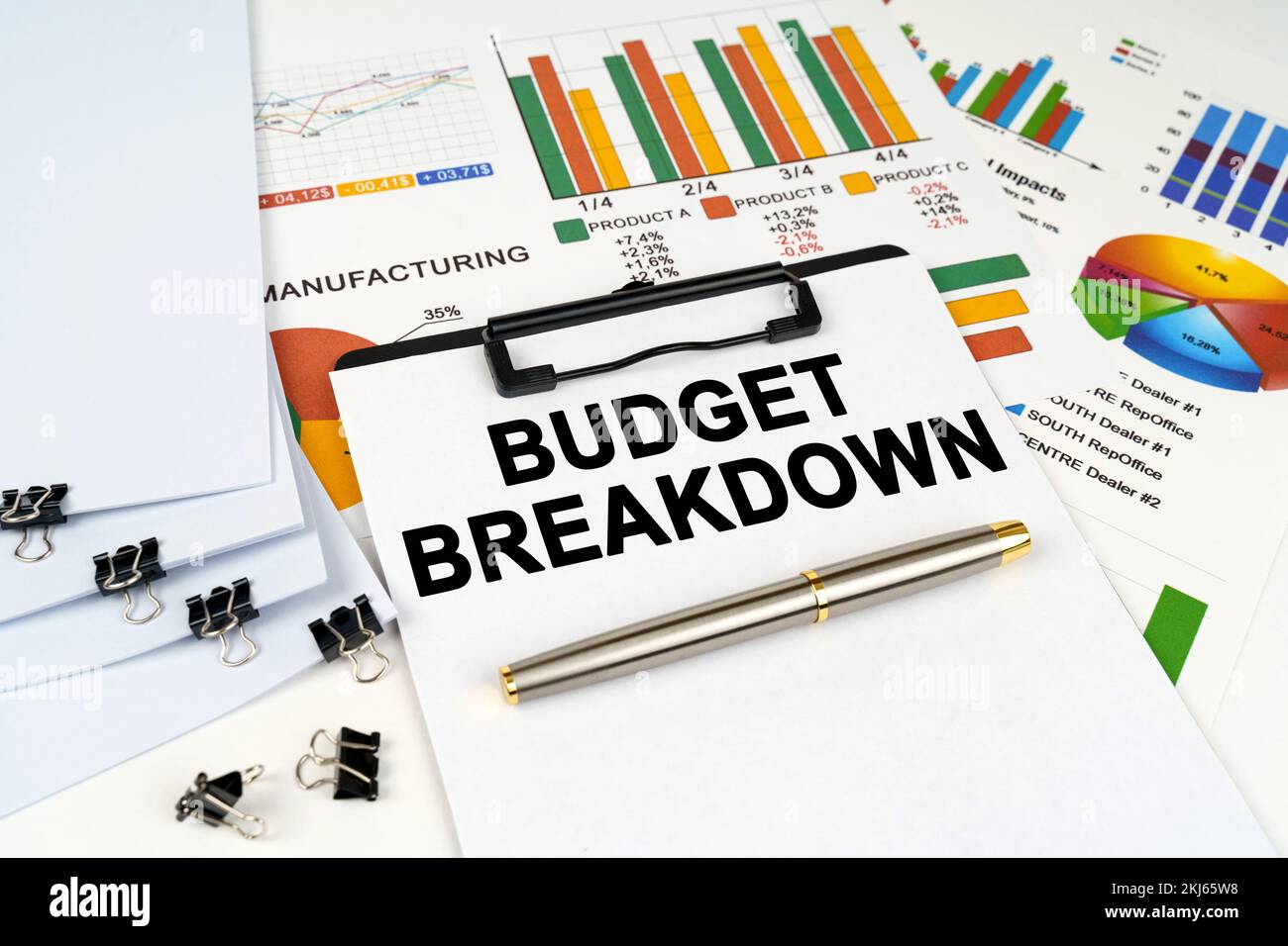 Business concept. On the table among financial graphs and charts lies a ...