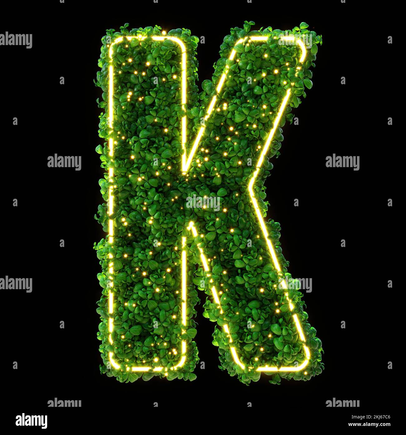 3d alphabet letter K. Green plant, glowing neon leaves, grass, moss ...