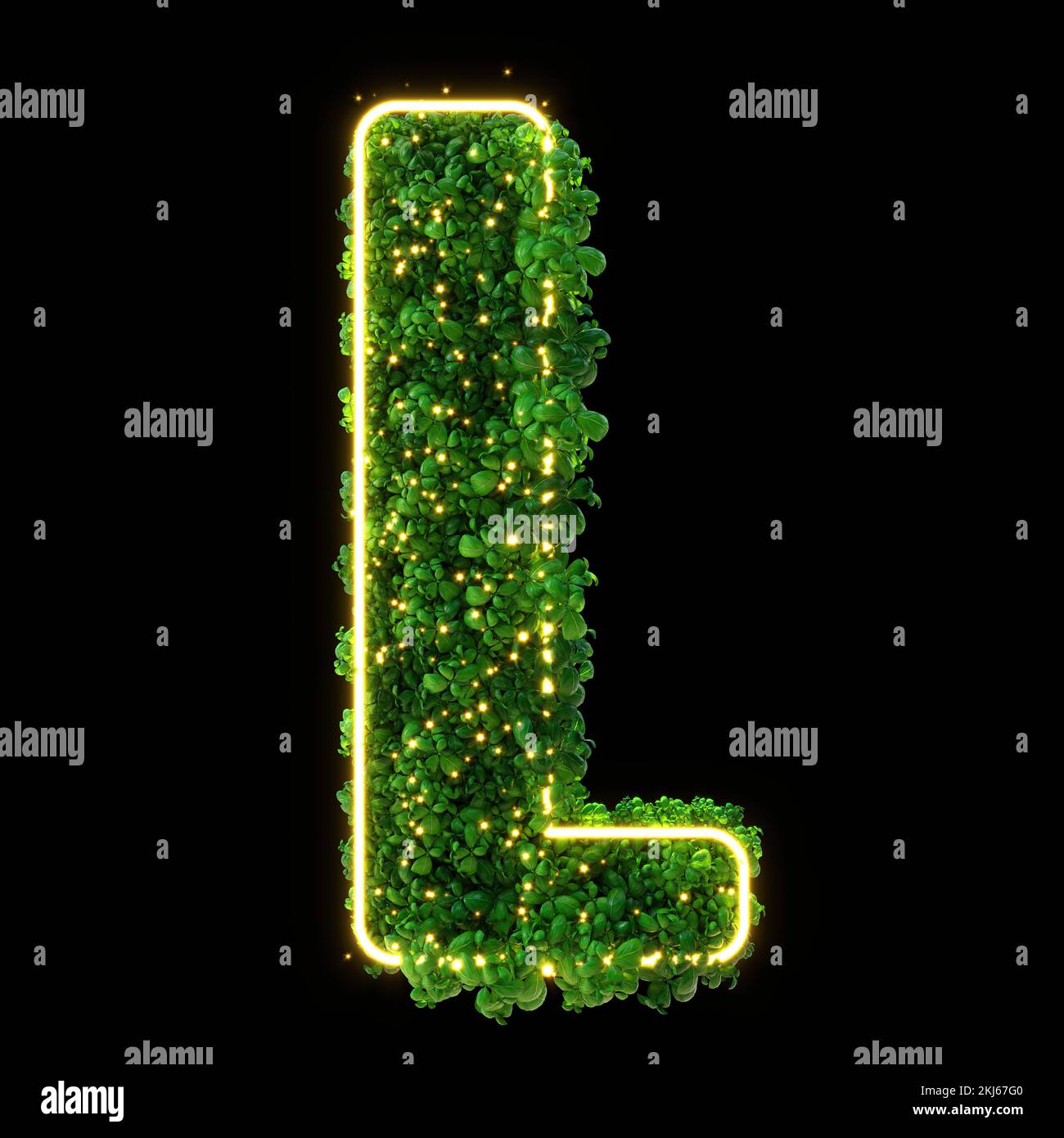 3d alphabet letter L. Green plant, glowing neon leaves, grass, moss ...