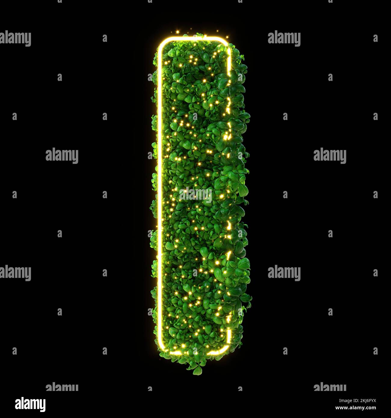 3d alphabet letter I. Green plant, glowing neon leaves, grass, moss ...