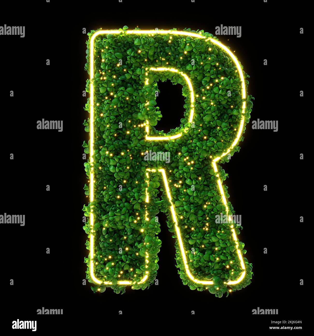 3d alphabet letter R. Green plant, glowing neon leaves, grass, moss ...