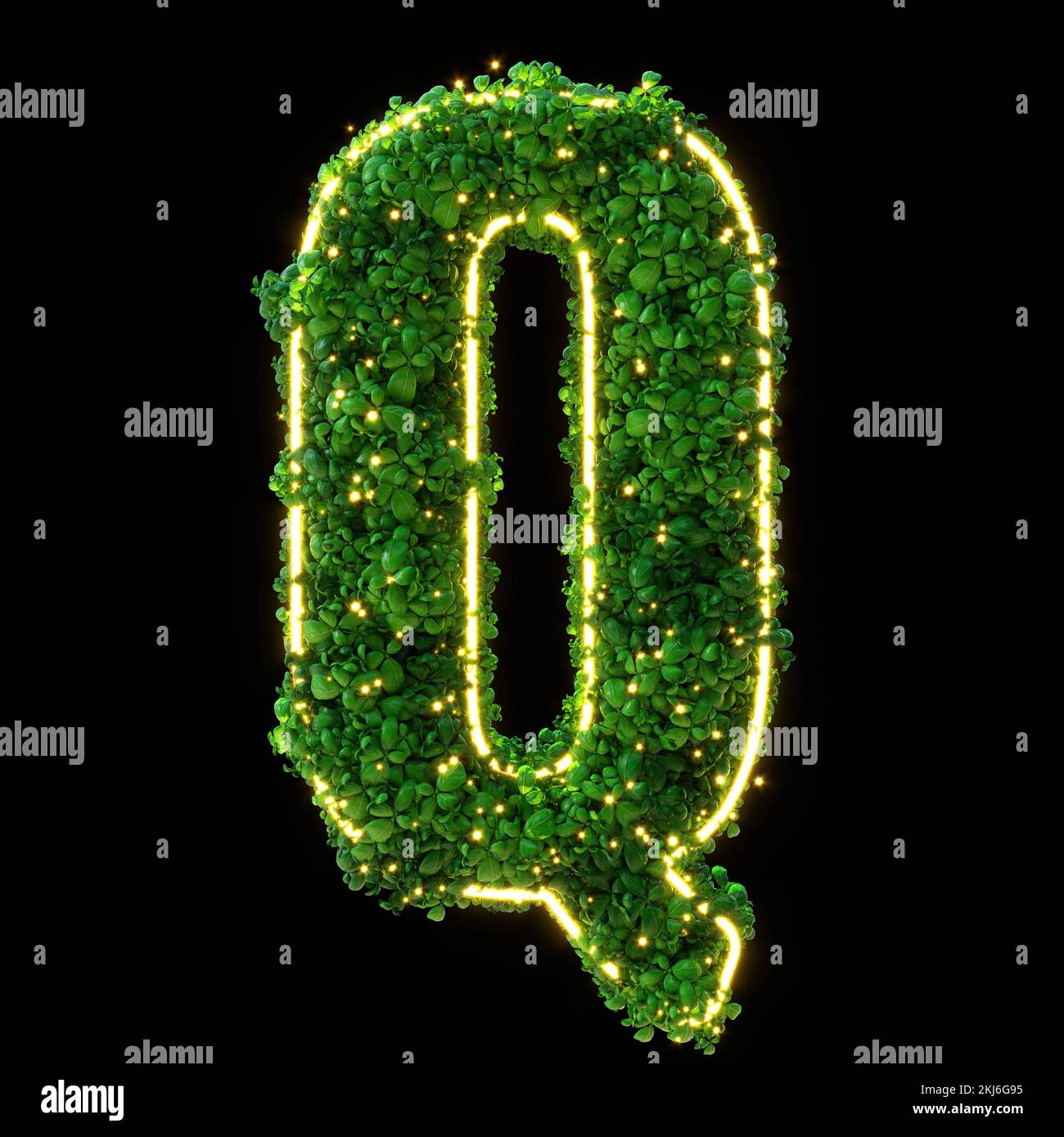 3d alphabet letter Q. Green plant, glowing neon leaves, grass, moss ...