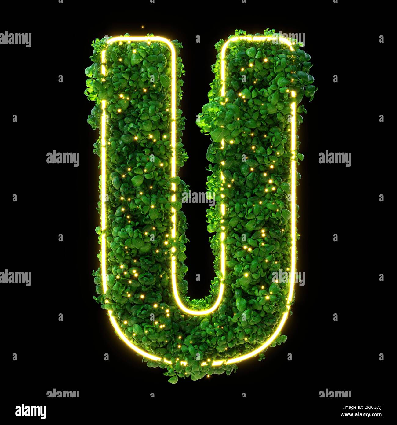 3d alphabet letter U. Green plant, glowing neon leaves, grass, moss ...