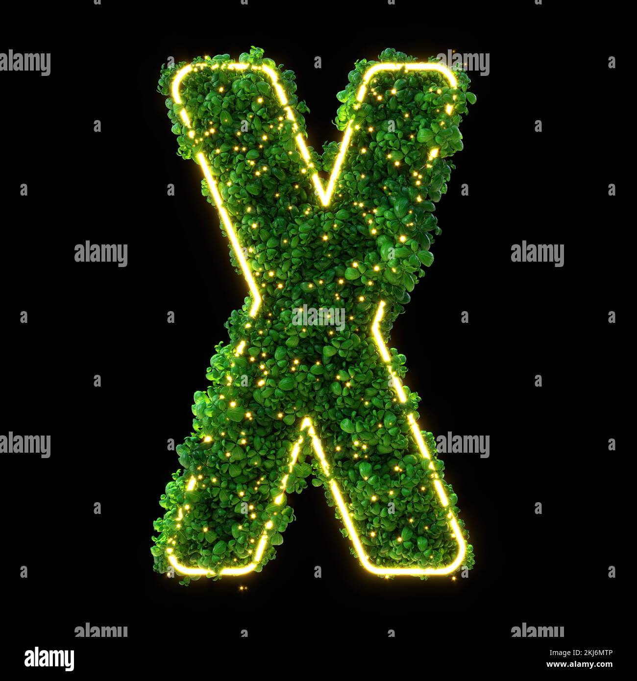 3d alphabet letter X. Green plant, glowing neon leaves, grass, moss ...