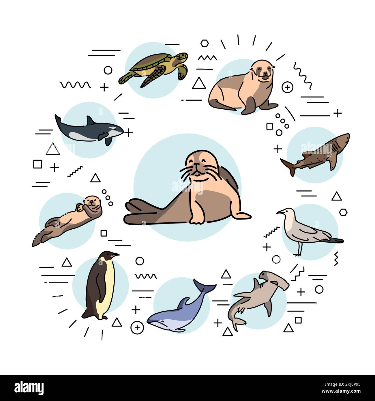 Sea animals web banner. Infographics with linear icons on white ...