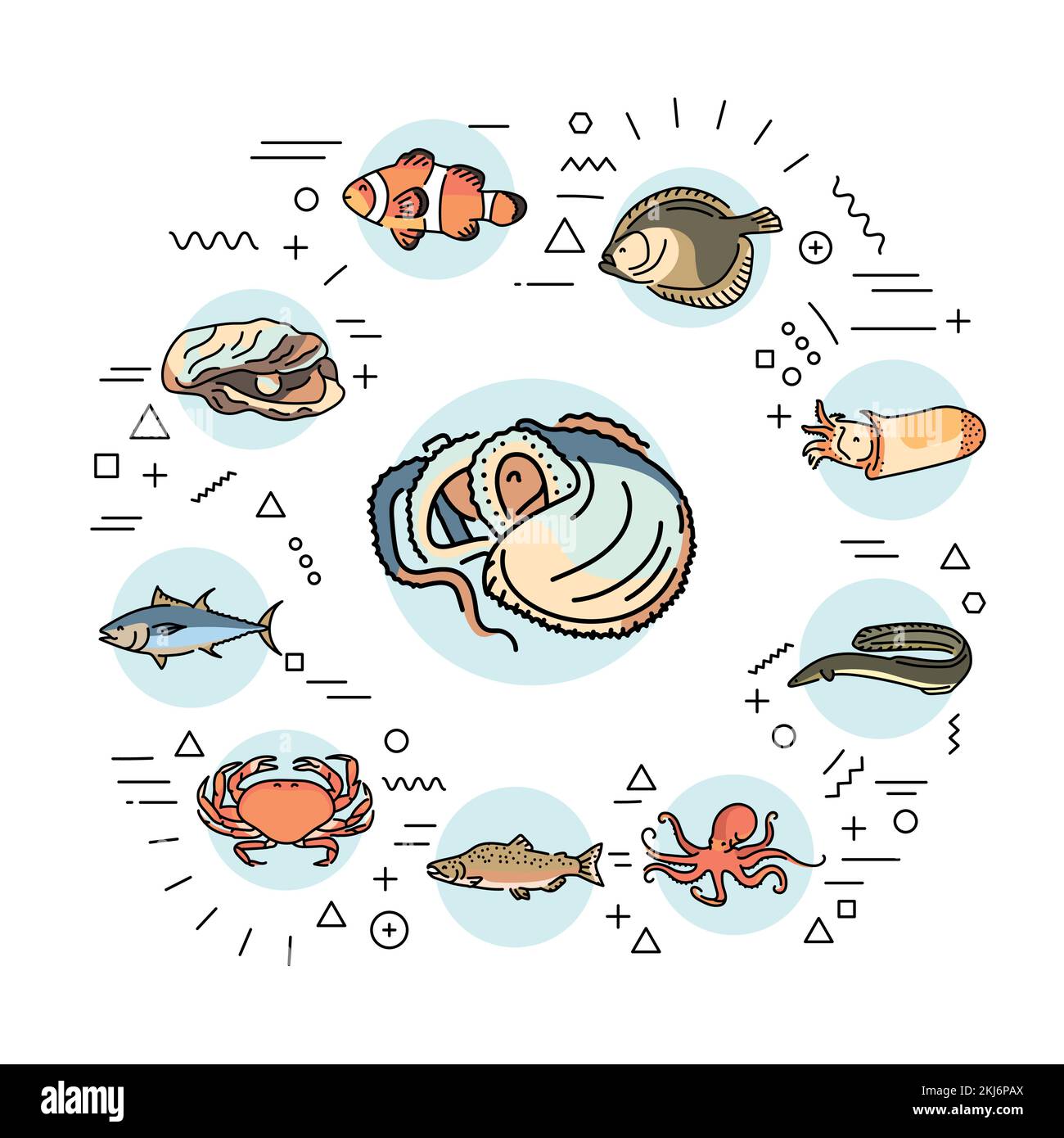 Shellfish and fish web banner. Infographics with linear icons on white ...