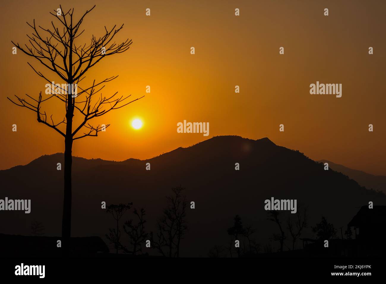 Beautiful Sunset Silhouette in the Hills with trees in Khotang, Nepal ...