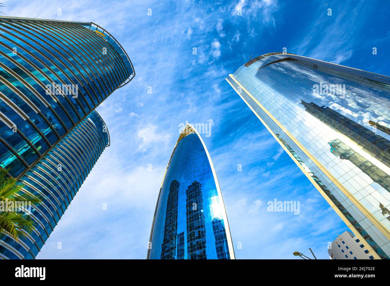 Doha, Qatar - February 17, 2019: bottom view of Woqod Tower and ...