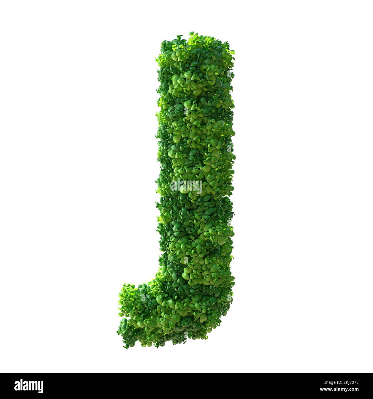 3d alphabet letter J. Green plant, leaves, grass, moss, basil, mint ...