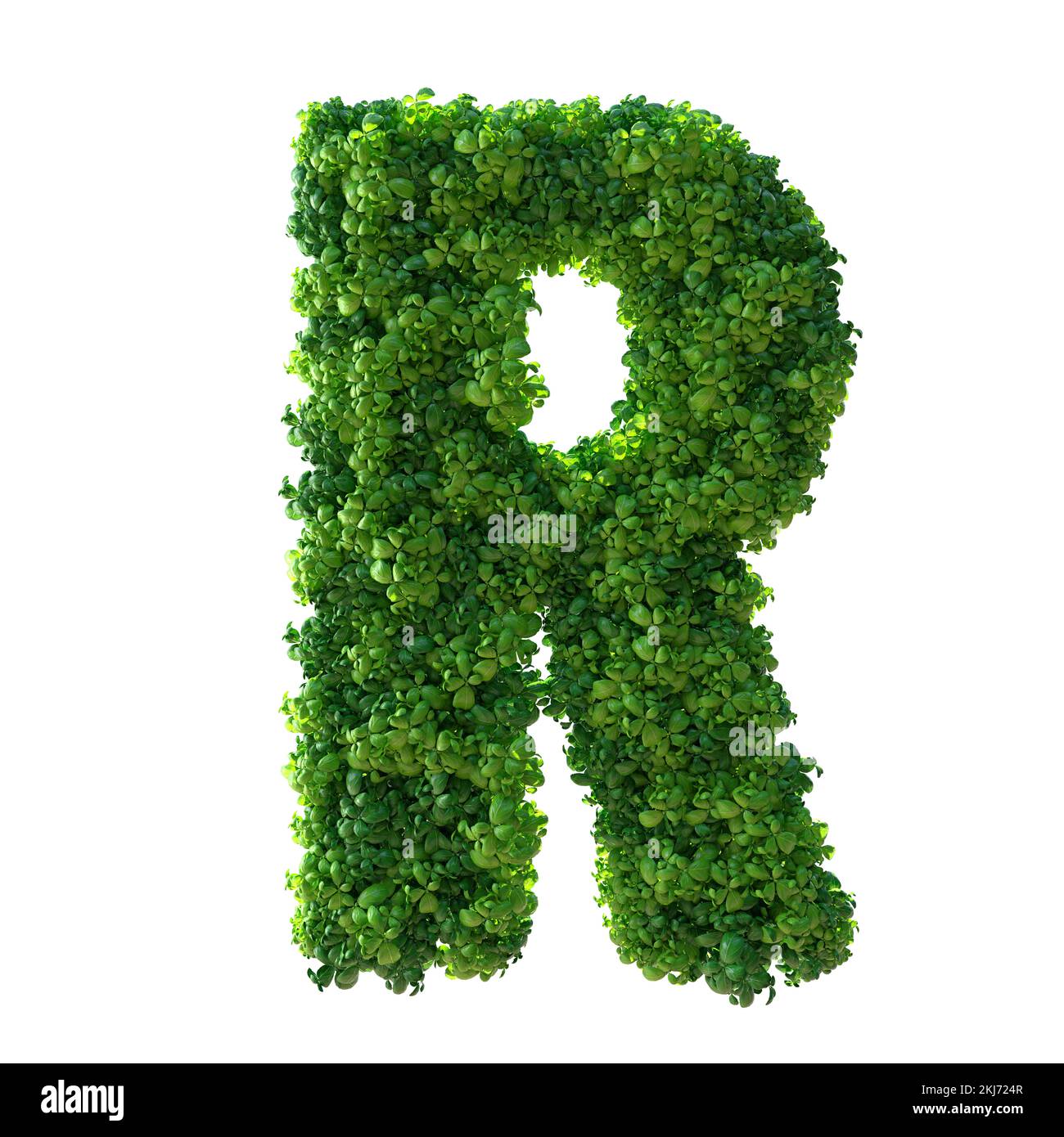 3d alphabet letter R. Green plant, leaves, grass, moss, basil, mint ...