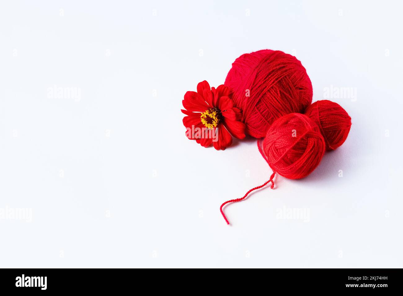 A red ball of thread and a tsinia flower on a green background for ...
