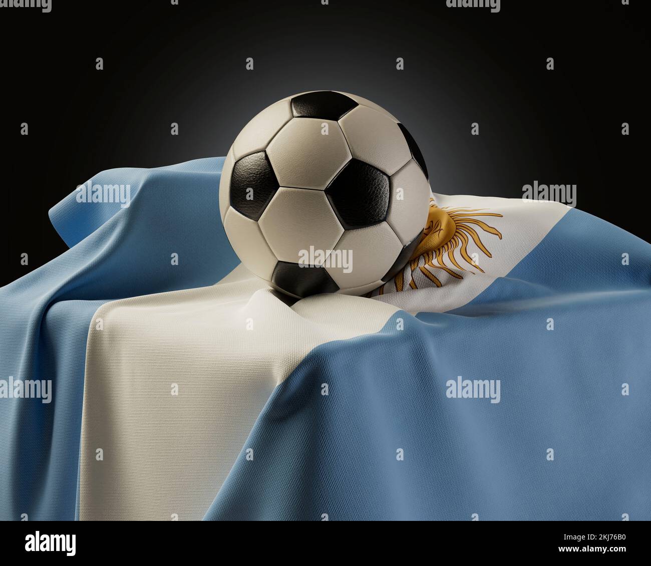 A regular soccer balls resting on an Argentina flag draped over a ...
