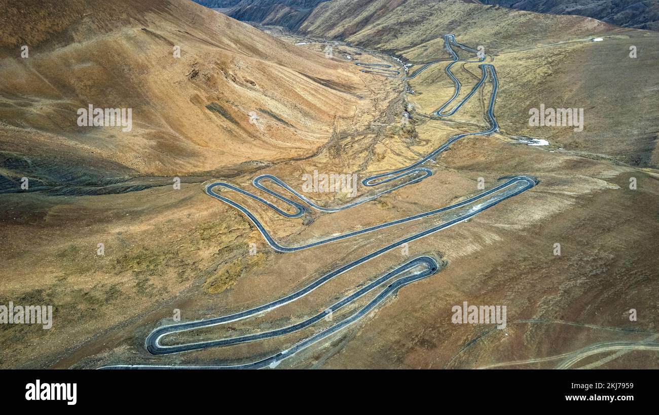 An aerial view of the mountain road in the Everest National Park in ...