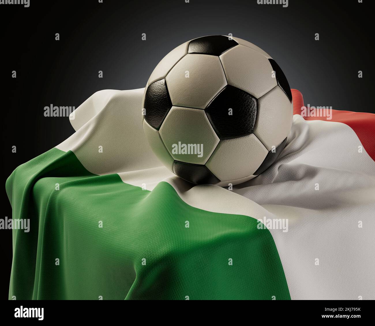 A regular soccer balls resting on a Italy flag draped over a plinth on ...