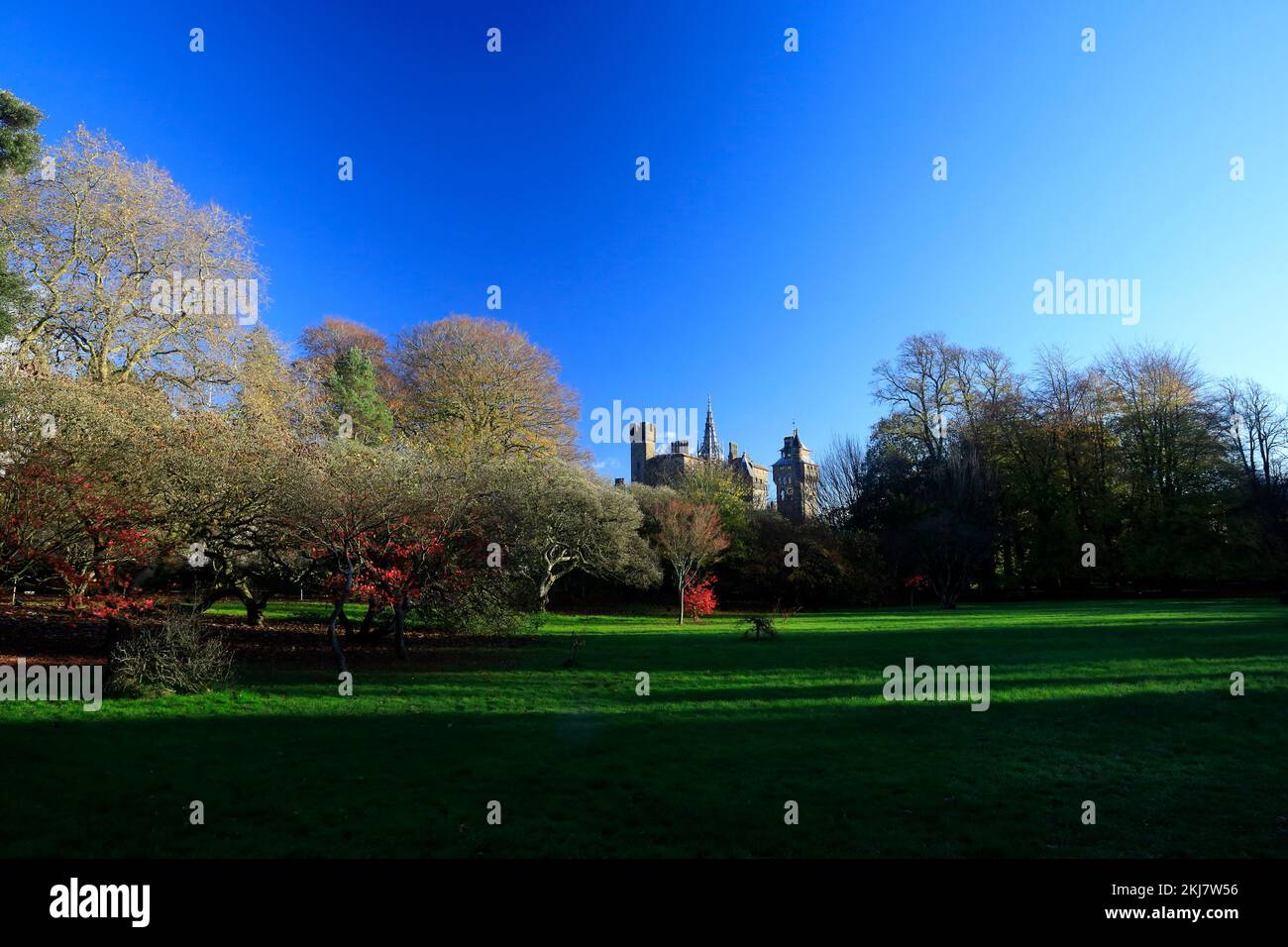 Cardiff Castle as seen from from Bute Park / Castle grounds during ...