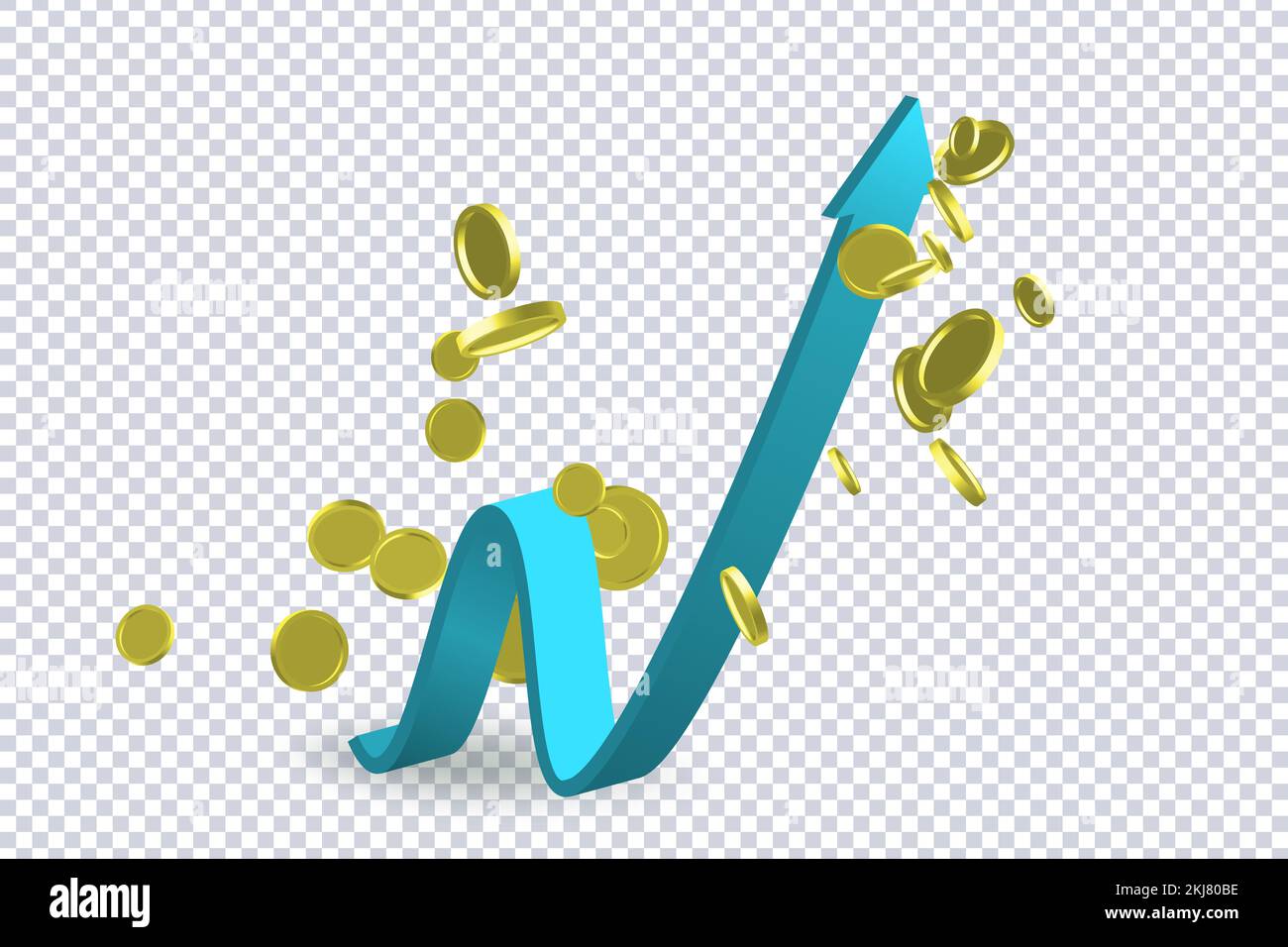 Curved arrow and flying coins on transparent. Blue flexible stock arrow ...