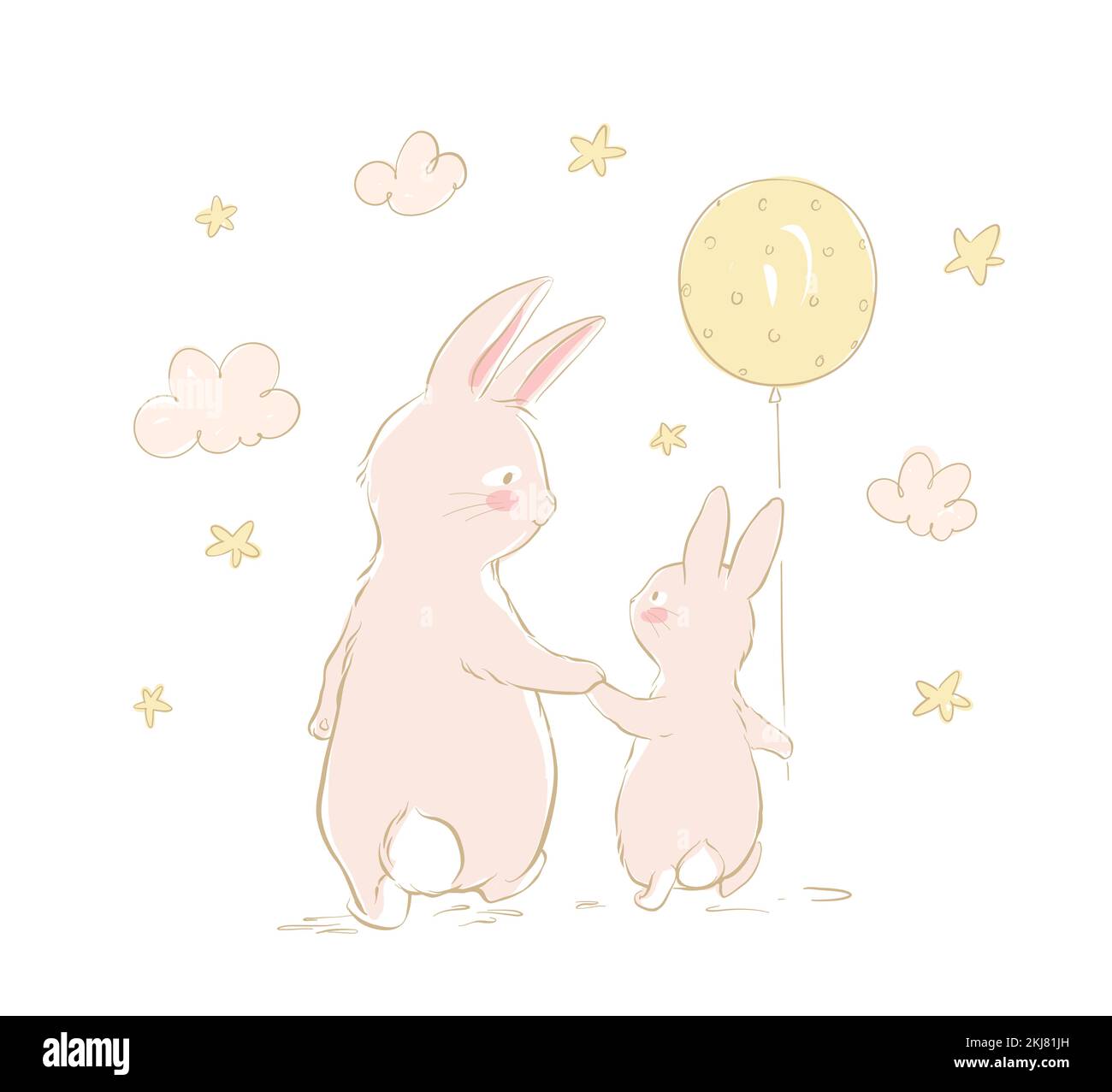 Dad bunny and baby bunny with balloon are walking together. Rear view ...