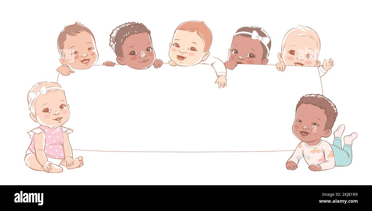 Multicultural babies hold a blank board. Cute little baby on a white ...