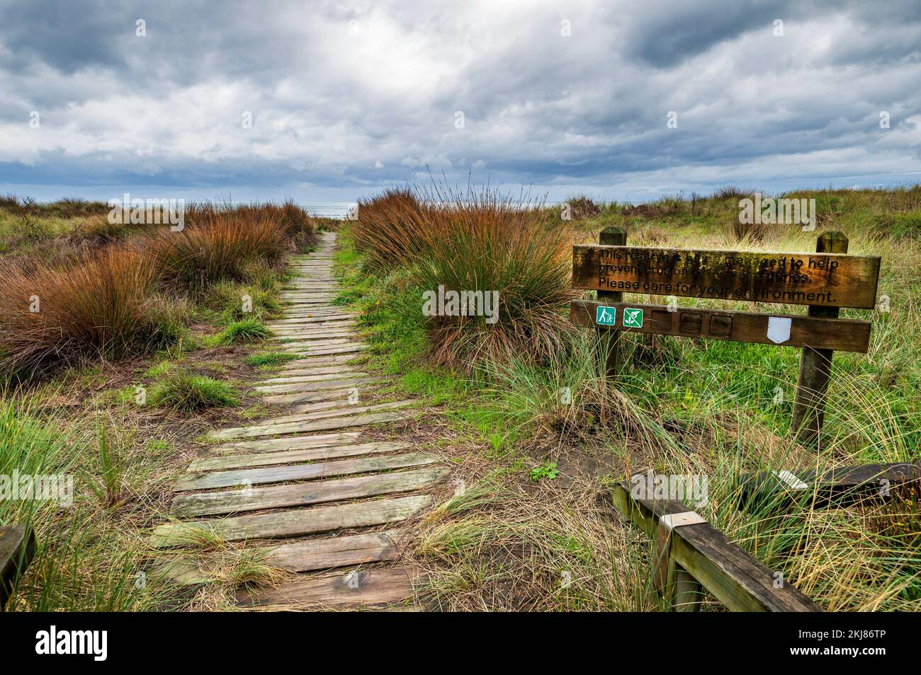 A boardwalk access and sign on Waitarere beach in Manawatu near Levin ...