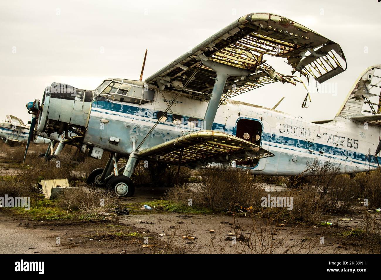 Destroyed plane at the International Airport of Kherson. The ...