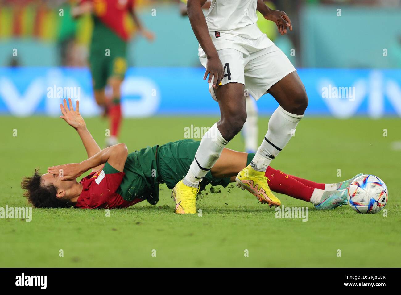Doha, Qatar. 24th Nov, 2022. Joao Felix of Portugal reacts to a tackle during the FIFA World Cup ...
