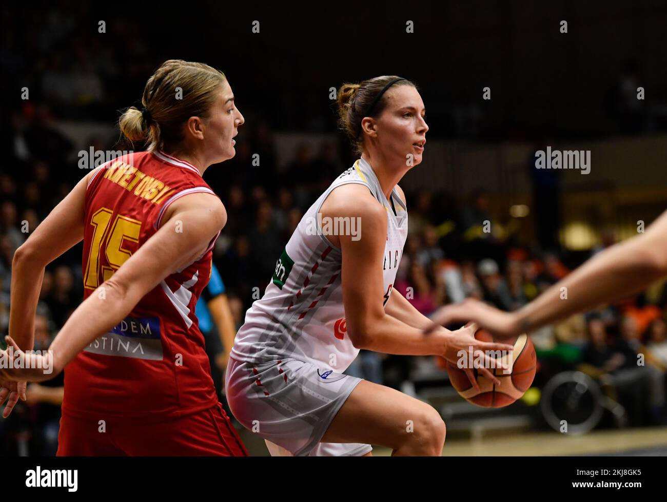 Belgium's Antonia Delaere controls the ball during a basketball game ...