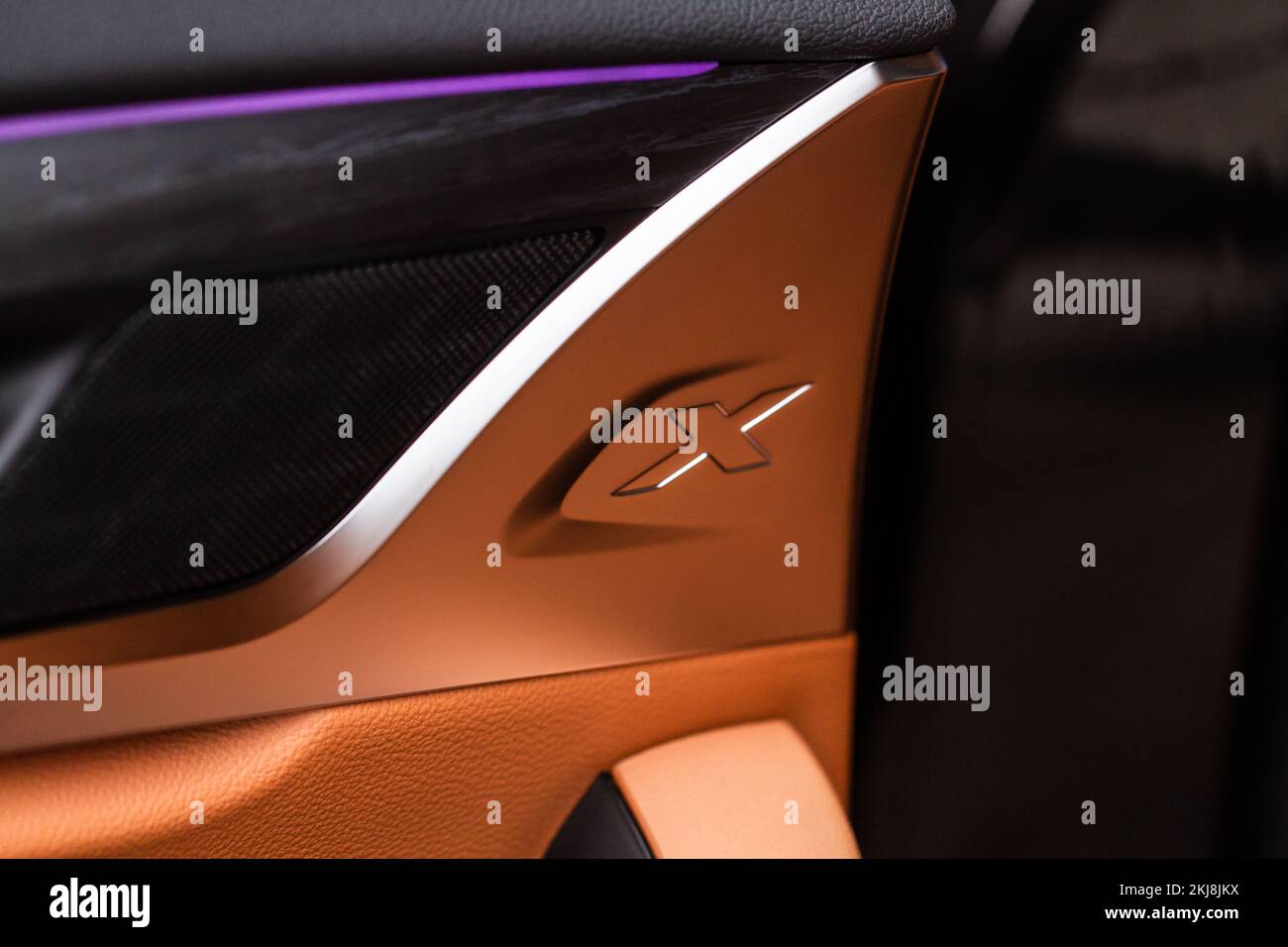 Modern car interior door handle close up. Metallic Car door opener ...