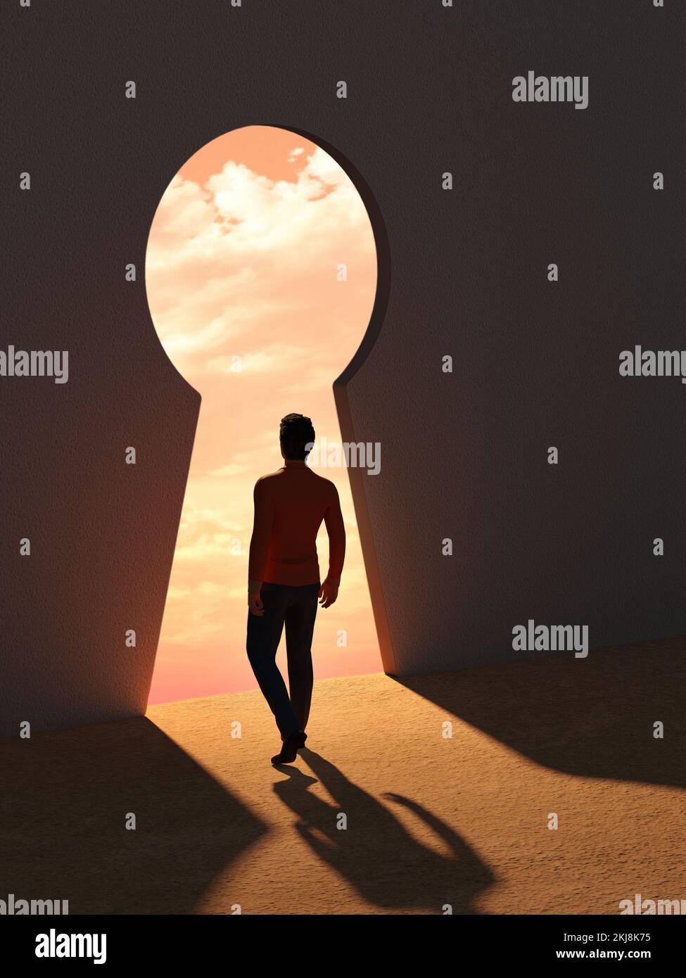 Keyhole door leading to a bright orange cloudscape. Digital ...