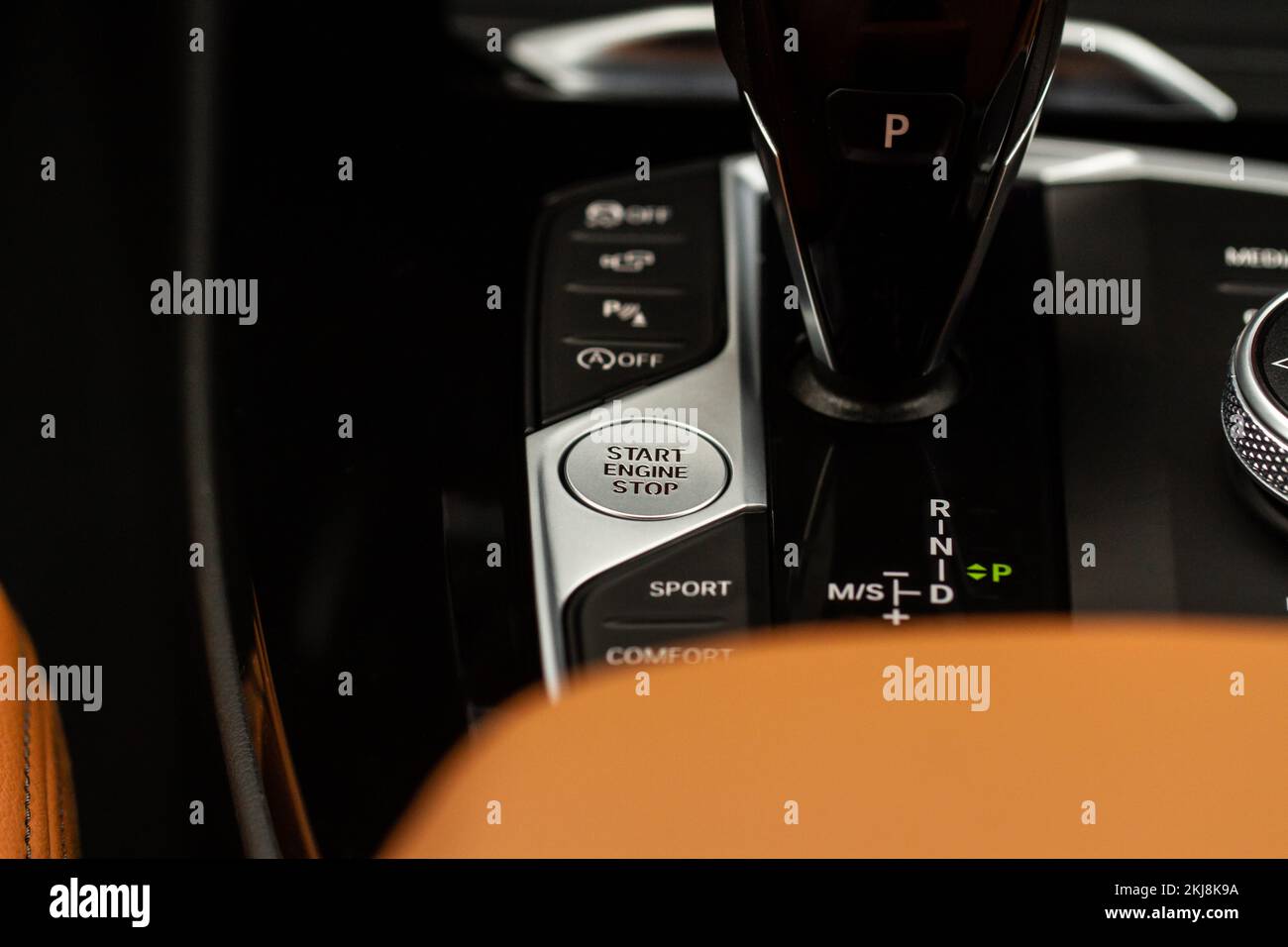 Engine start button. Close up engine car start stop button. Modern car ...