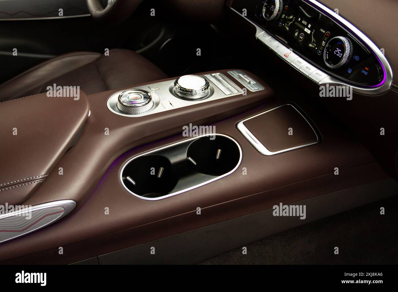 Cup holders inside modern car interior. Interior view of modern car ...