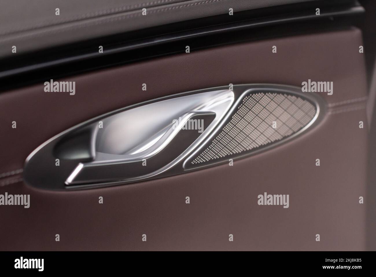 Modern car interior door handle close up. Metallic Car door opener ...