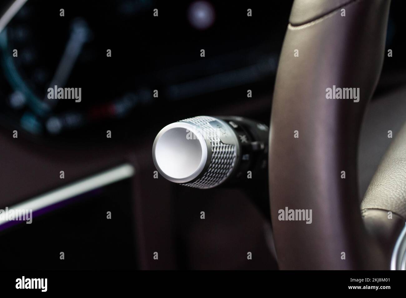 Turn signal lever close up. Modern car interior details. Car wipers ...