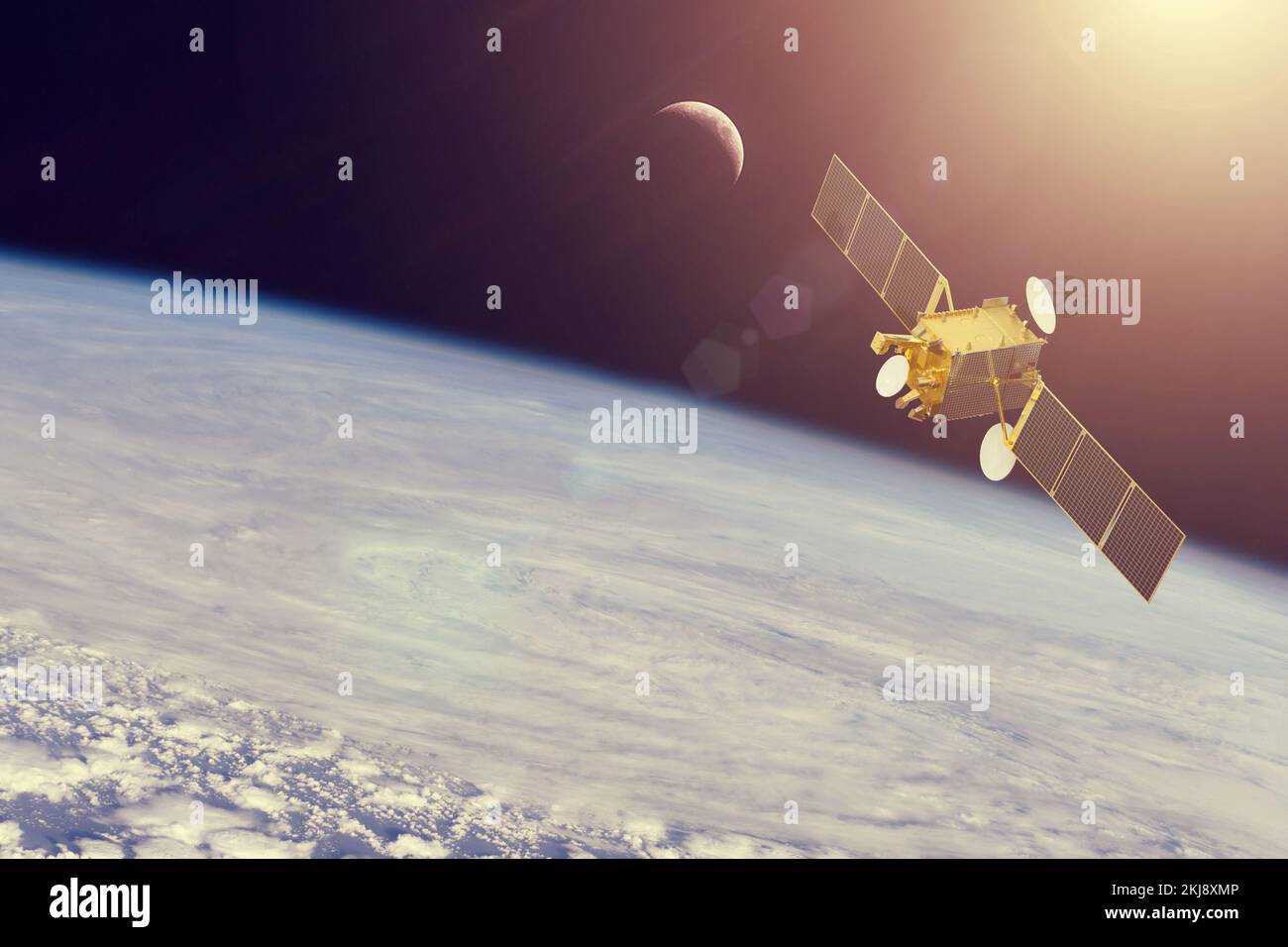 Space communications satellite in orbit around the Earth. Elements of ...
