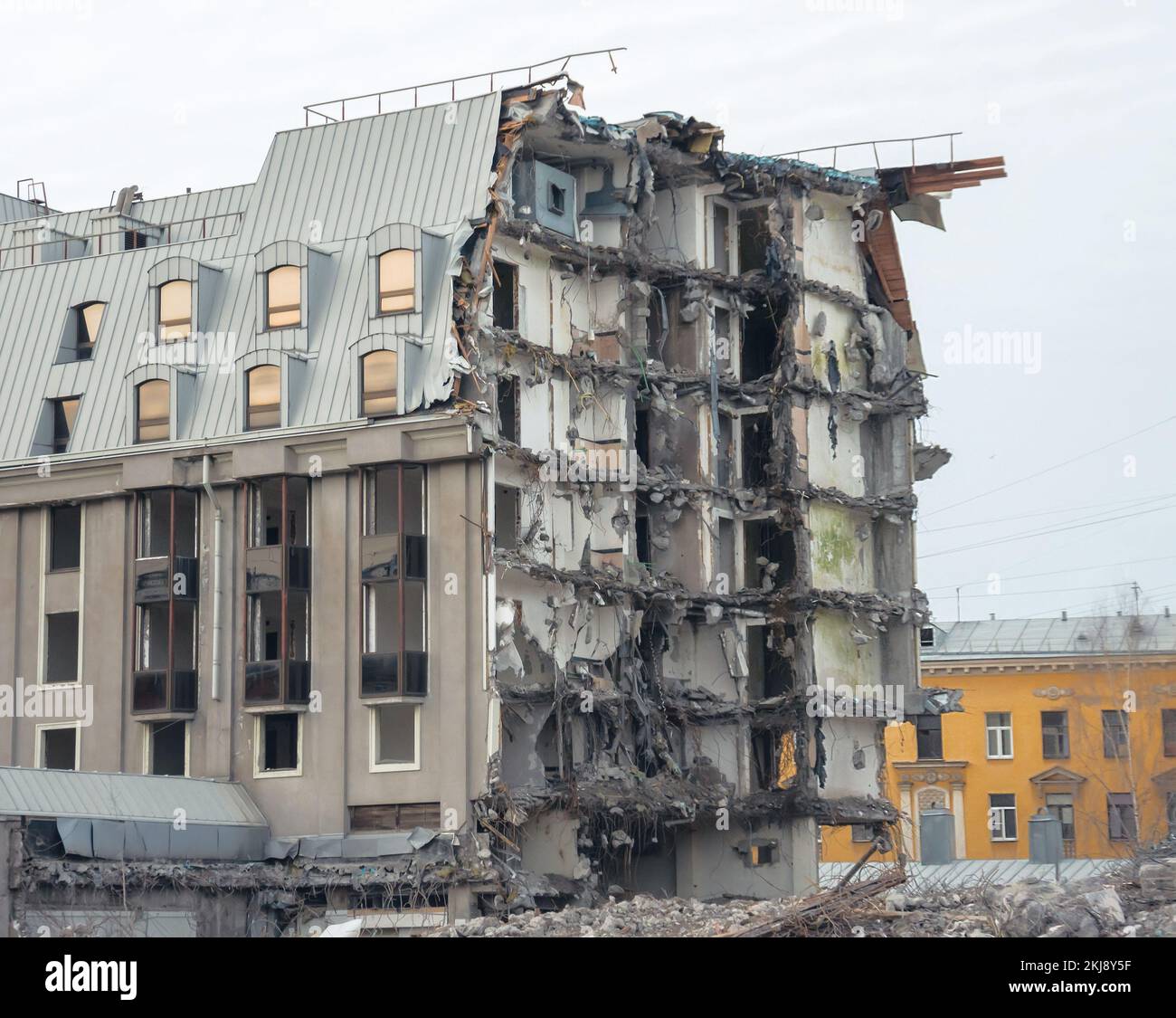 Destroyed building after demolition, man-made accident. Engineering and ...