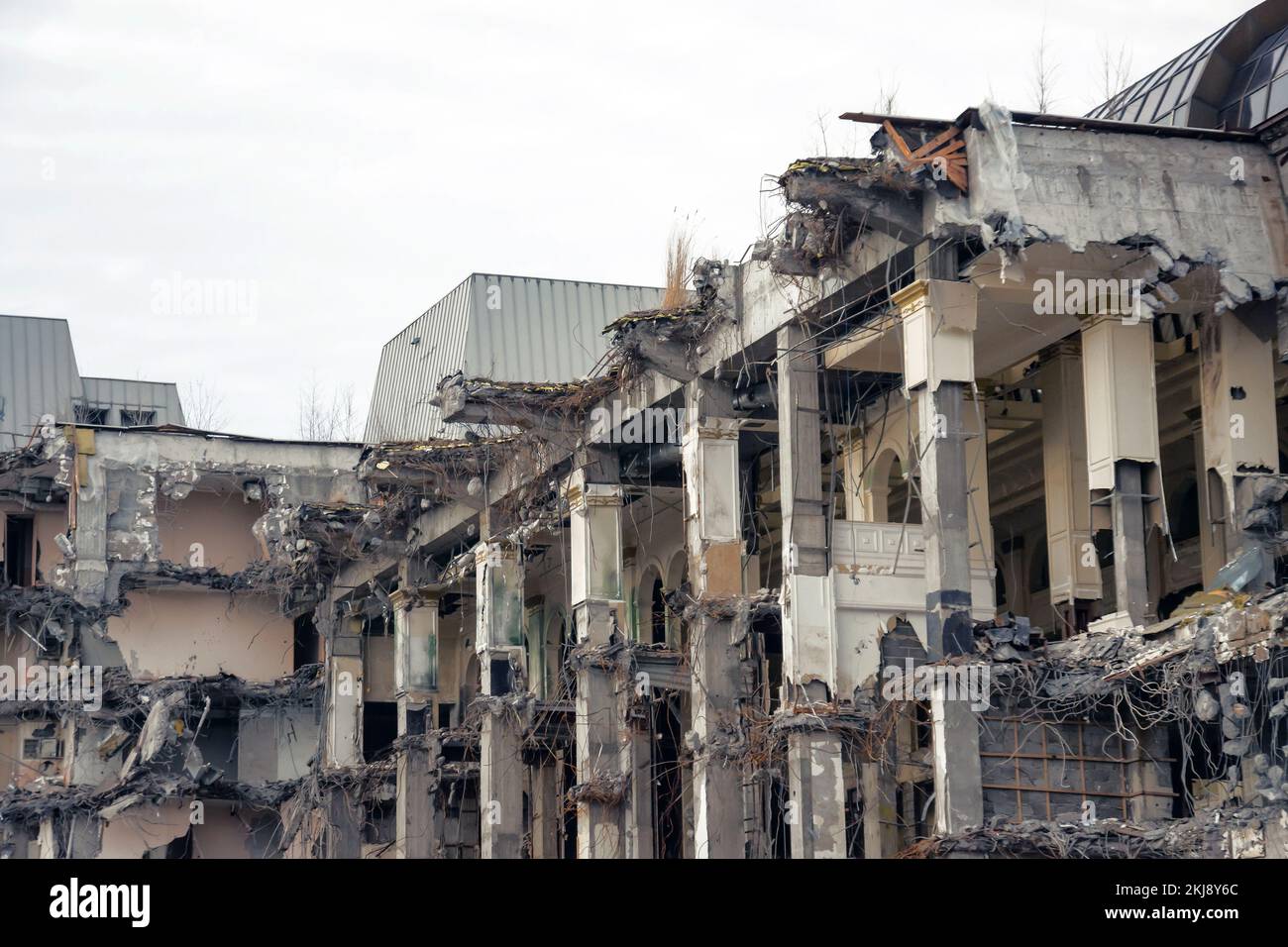 Destroyed building after demolition, man-made accident. Engineering and ...